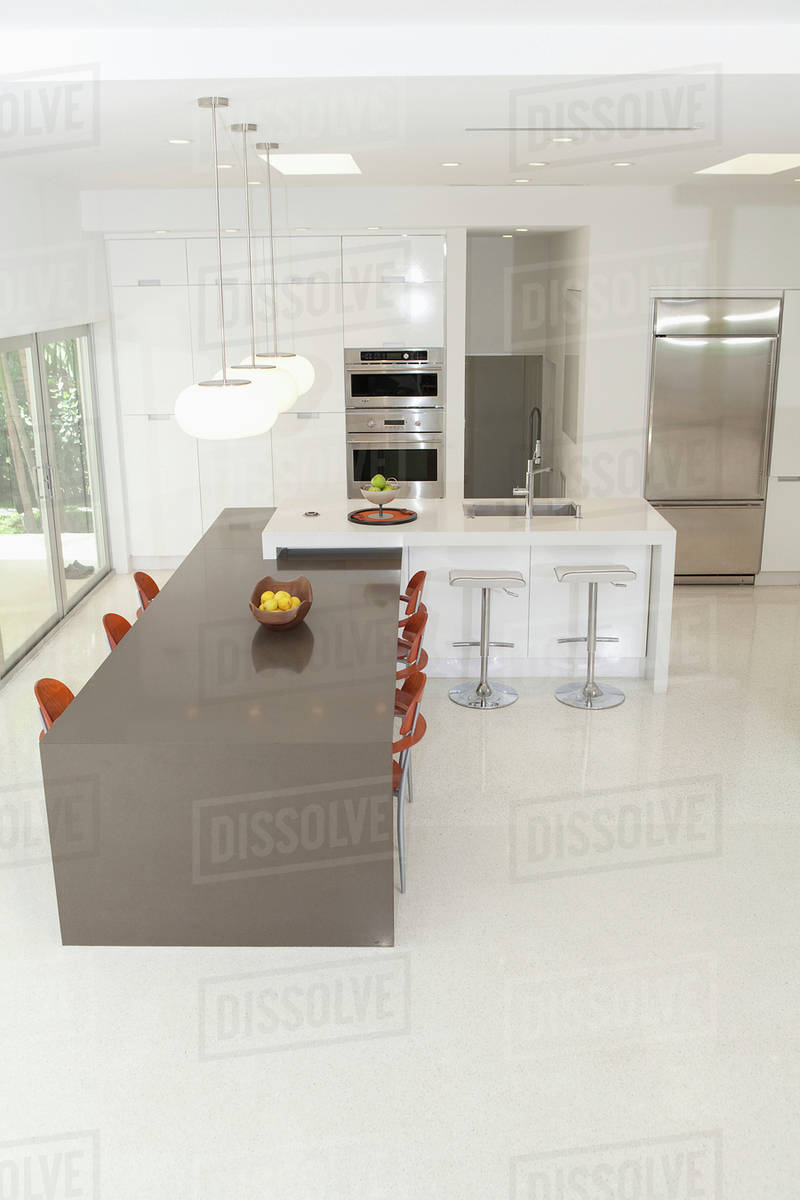High angle view of counters in modern kitchen and dining area - Royalty ...