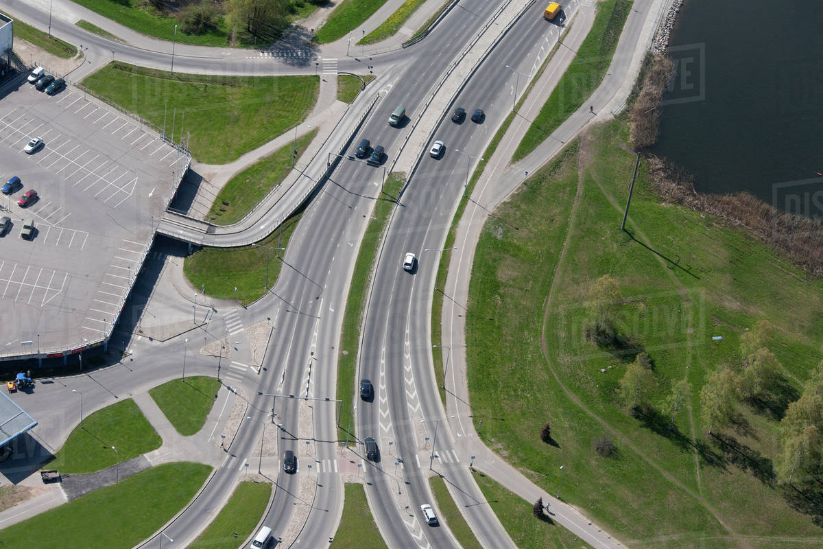 A view from the air over a major dual carriage road, with on and off ...