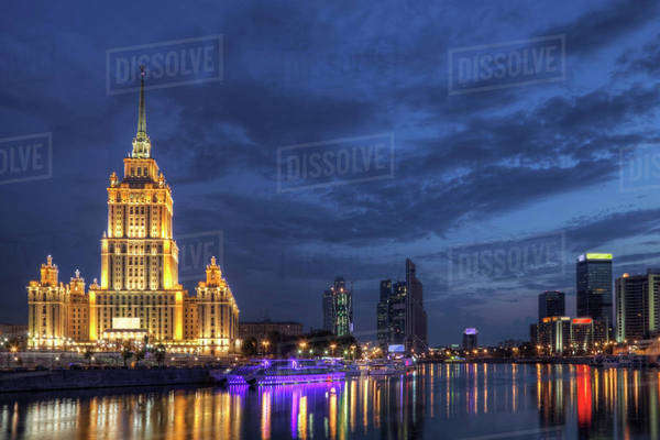 City skyline illuminated at night, Moscow, Russia - Royalty-free Stock ...