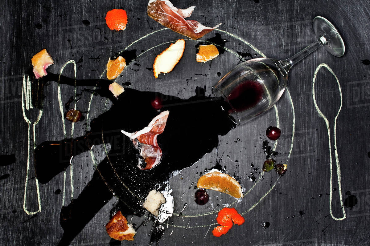 Wine glass and food spilled onto chalkboard - Royalty-free Stock Photo ...