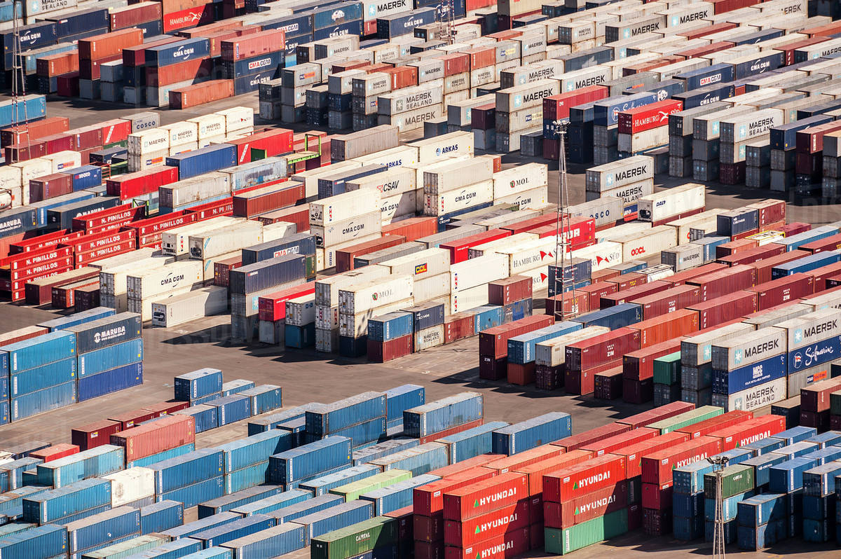 Aerial view of containers in urban shipyard - Royalty-free Stock Photo ...