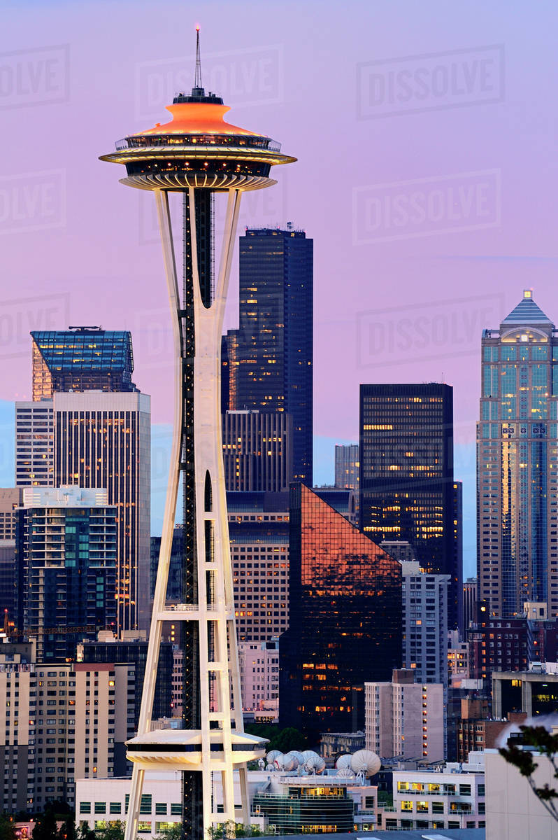 Space Needle and high rise buildings in Seattle city skyline at sunset ...