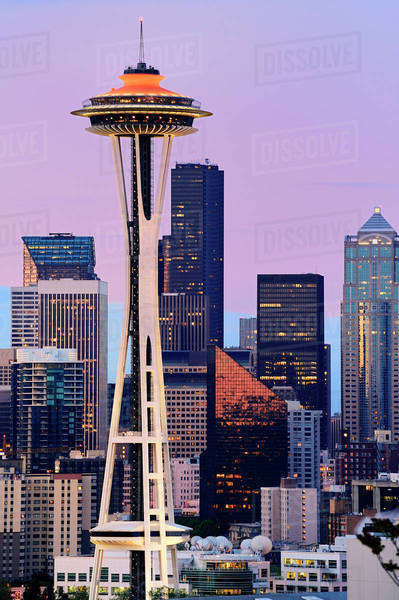 Space Needle and high rise buildings in Seattle city skyline at sunset ...