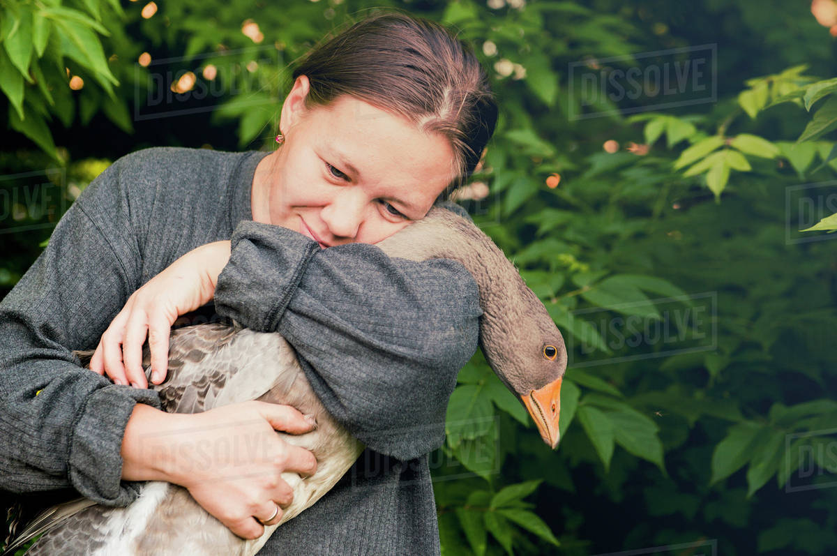 Caucasian farmer hugging goose in garden - Royalty-free Stock Photo ...