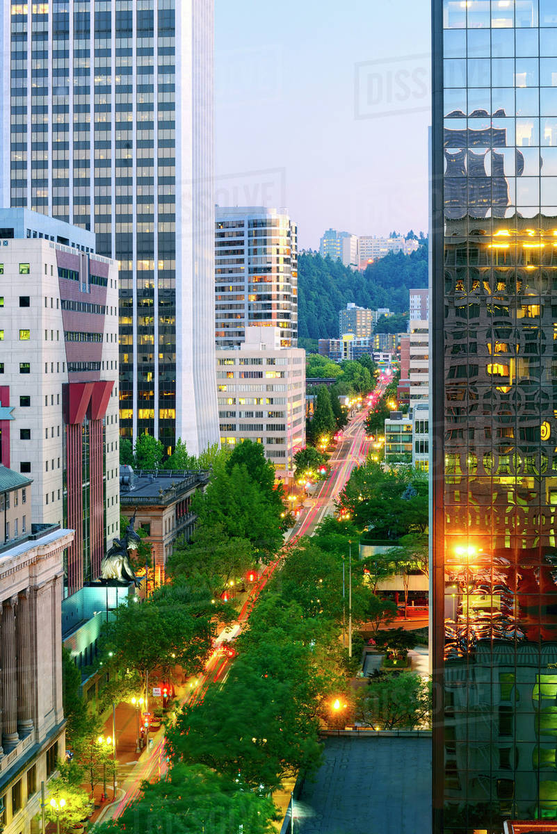 High angle view of traffic in downtown Portland, Oregon, United States ...