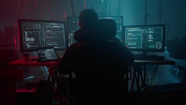 Man sitting down in chair and performing cyber attack on pc - Stock ...