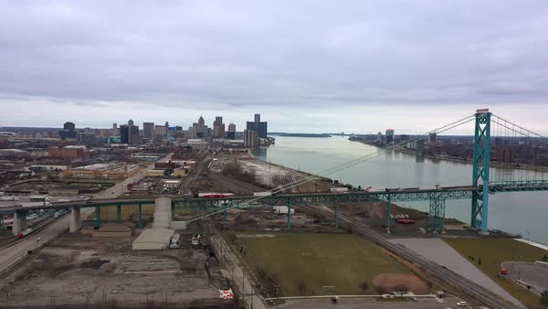 The Ambassador Bridge viewing Detroit along the river on the border of ...