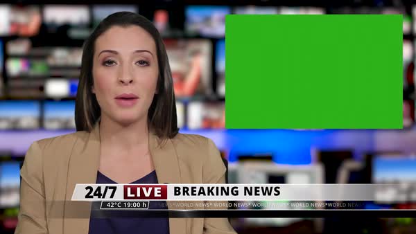 MS Female presenting breaking news from television studio - 4K Royalty ...
