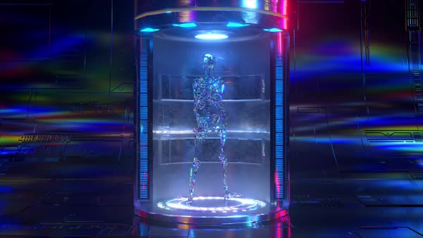 Technological concept. Walking 3d model of a skeleton on the background ...