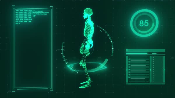 Technological concept. Walking 3d model of a skeleton on the background ...