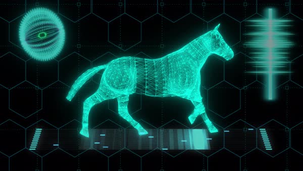 Technological concept. Running of a horse on the background of ...