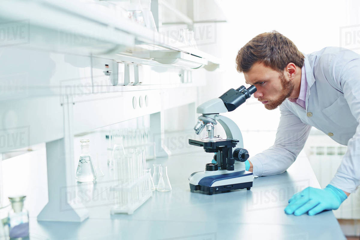 Young scientist using a microscope in a lab - Royalty-free Stock Photo ...