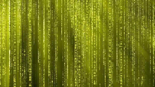 Yellow animated matrix background, computer code with symbols and ...