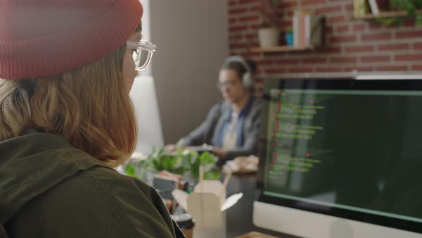 Portrait caucasian woman programmer coding network security software ...