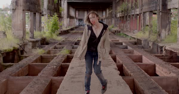 Zombie movement in an abandoned building, bloodied face. Against the ...