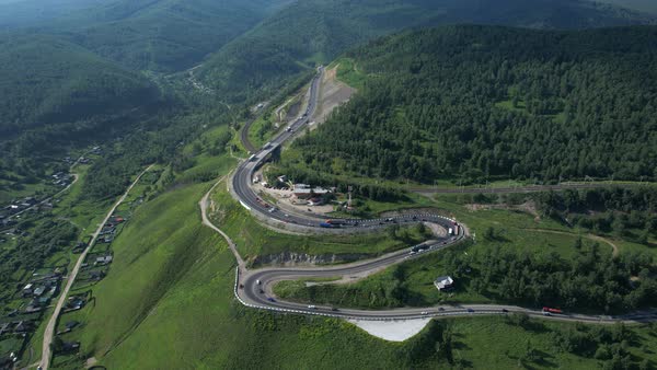 The Baikal serpentine road - aerial view of natural mountain valley ...