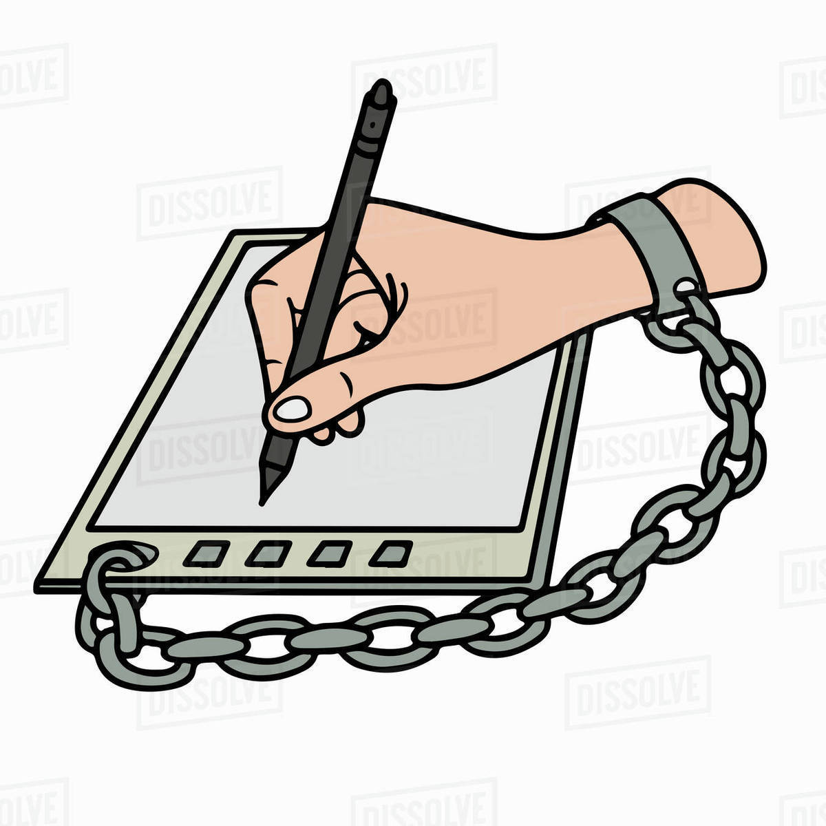 Illustration of woman's hand in handcuff writing on digital tablet with ...