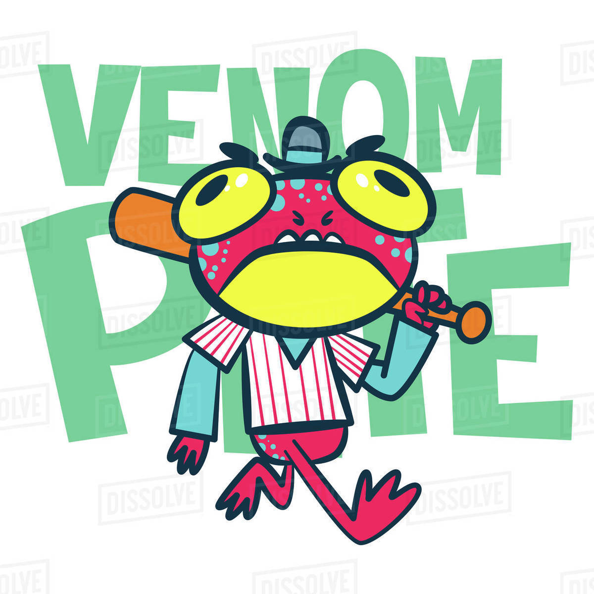 Cartoon illustration of frog with baseball bat walking against white ...
