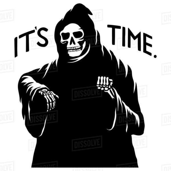 Cartoon illustration of death in hood with slogan isolated on white ...