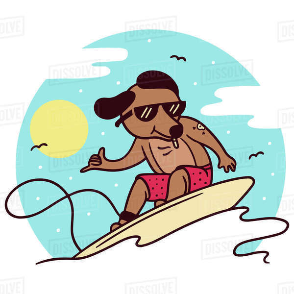 Cartoon illustration of a dog surfing against white background - Stock ...