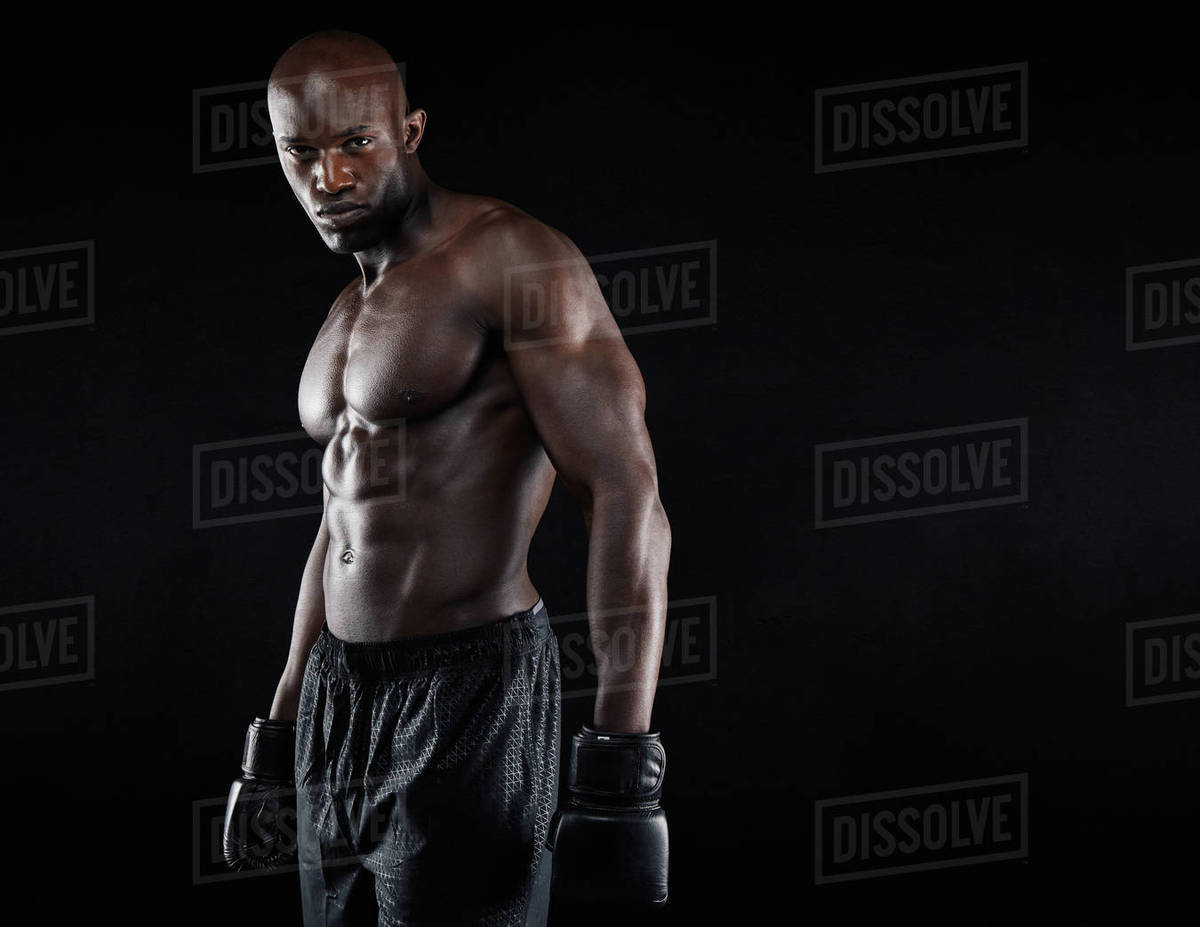 Portrait of muscular male boxer with boxing gloves against black ...