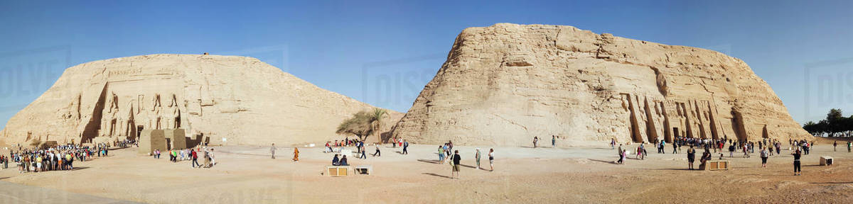 Egypt, Abu Simbel, Panorama view of rock cut Great Temple of Ramses II ...