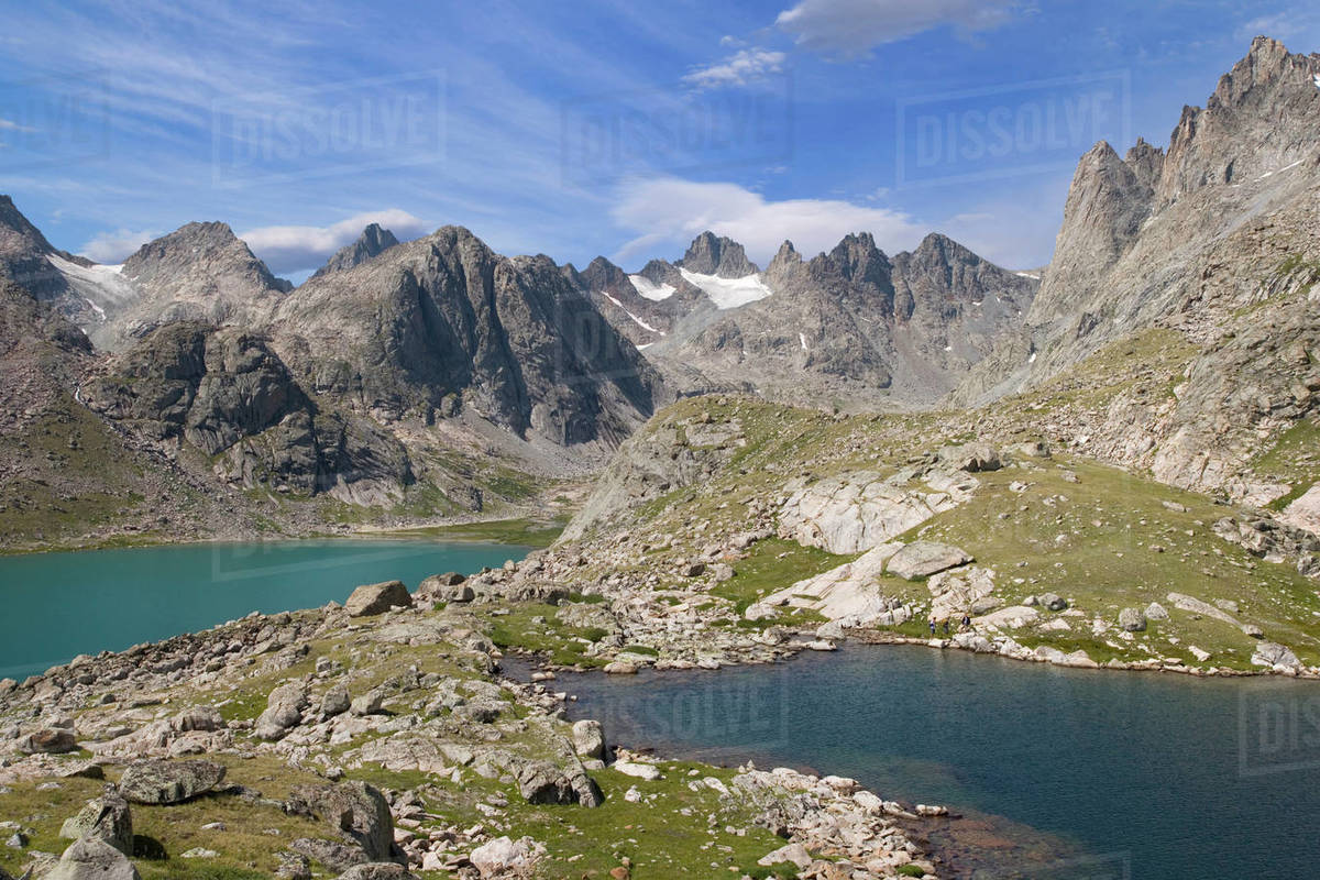 Mountains overlooking two lakes, Mistake Lake and Titcomb Lake, Titcomb ...