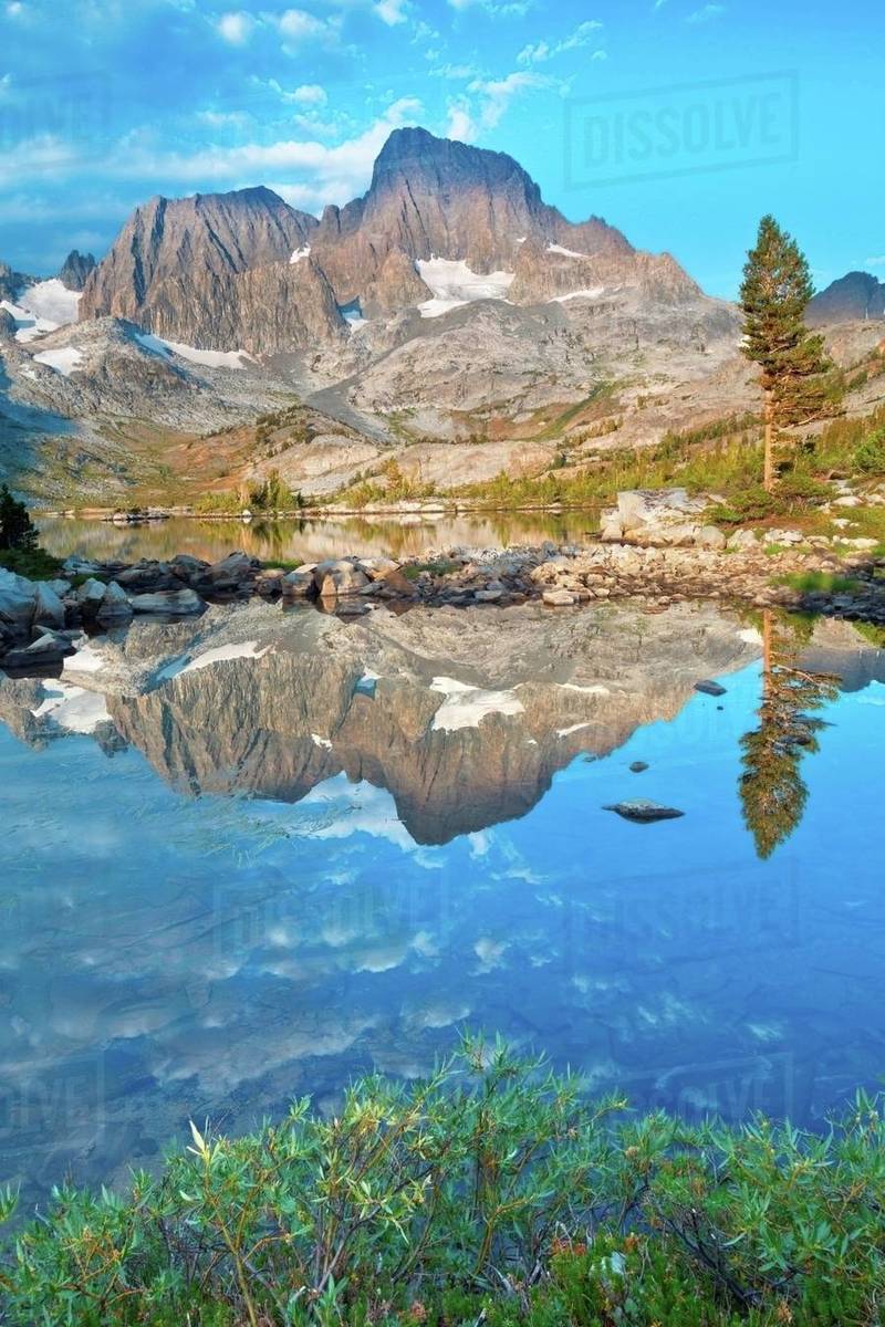 Reflection of mountains in a lake, Mt Ritter, Banner Peak, Garnet Lake ...