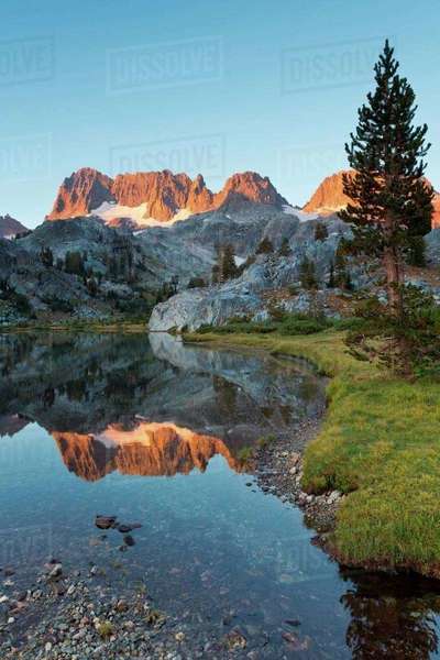 Minarets above a lake, Ediza Lake, Ansel Adams Wilderness, Inyo ...