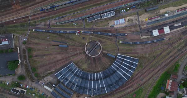 Railroad crossing top view. Railway station with many railroad tracks ...