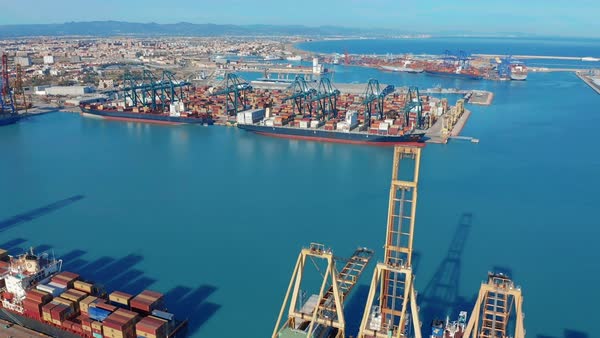 Largest port of Spain Valencia containers and goods on the quay with ...