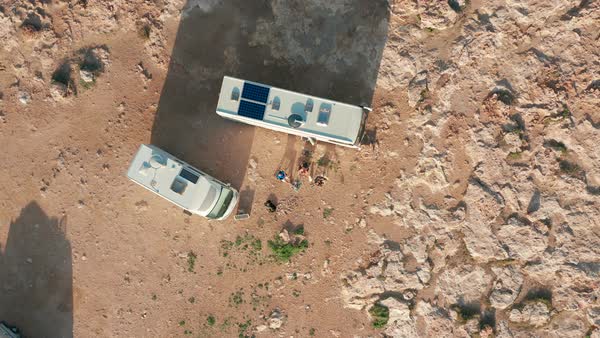 Aerial view. Camping Sites with Modern Motorhome RV Camper Van on a ...