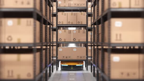 Autonomous robot or AGV moves rack with cardboard boxes in automated ...