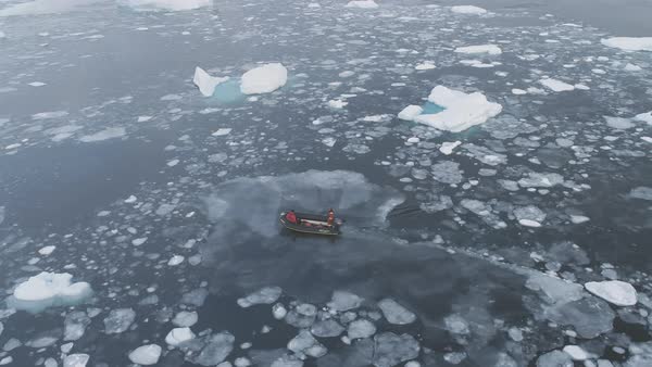 Zodiac Boat Sail at Iceberg Tracking Top View. Expedition Rubber ...