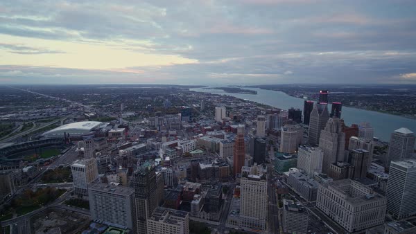 Detroit Michigan Aerial - High vantage of downtown cityscape moving ...