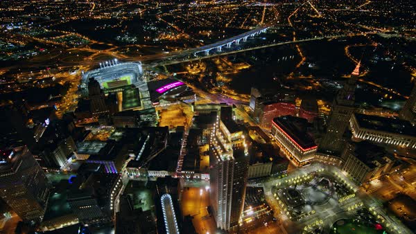 Cleveland Ohio Aerial - Panning birdseye of nighttime downtown ...