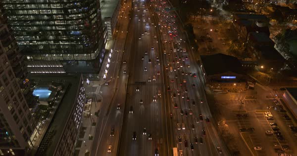 Atlanta Aerial Near vertical view following path of freeway to mid ...