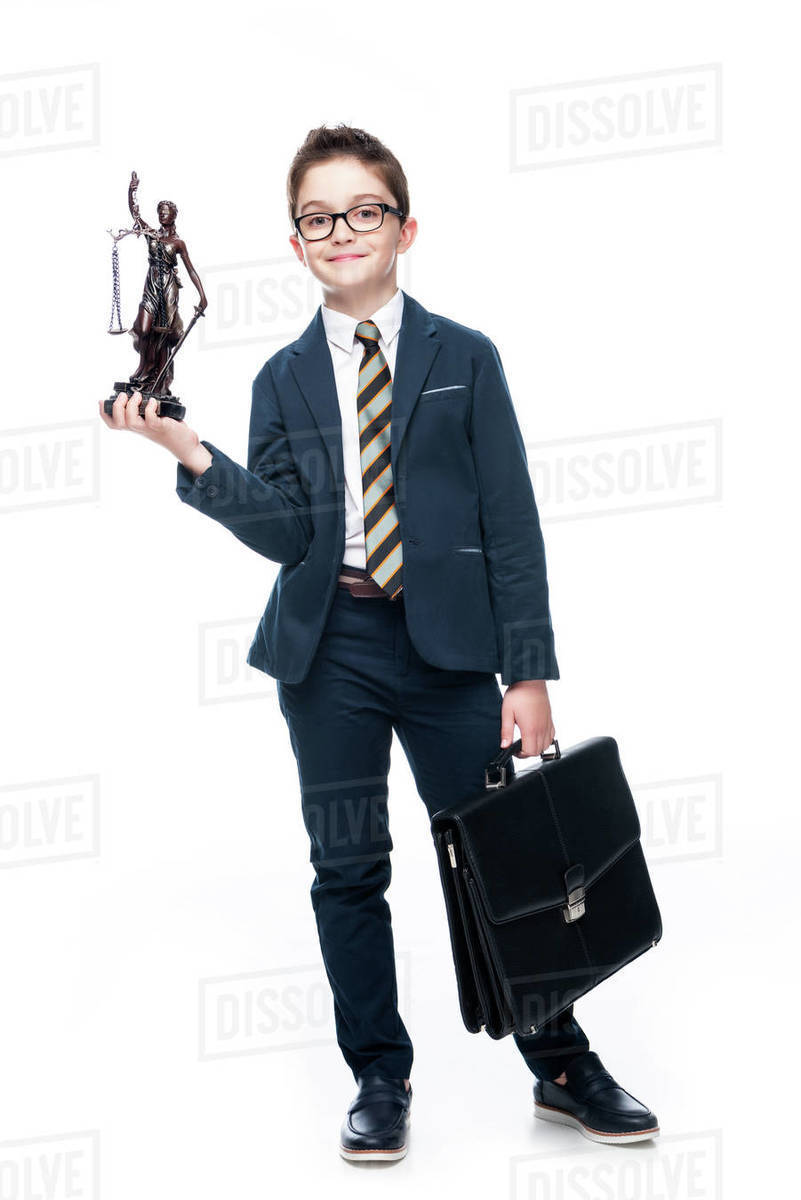 schoolboy in costume of lawyer holding themis statue and bag isolated ...