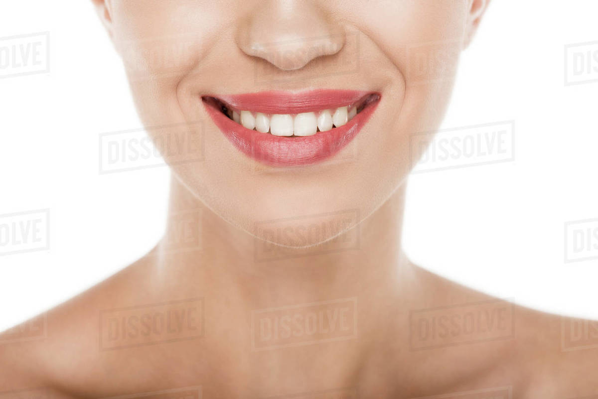 Cropped view of beautiful smiling woman with perfect skin, isolated on ...