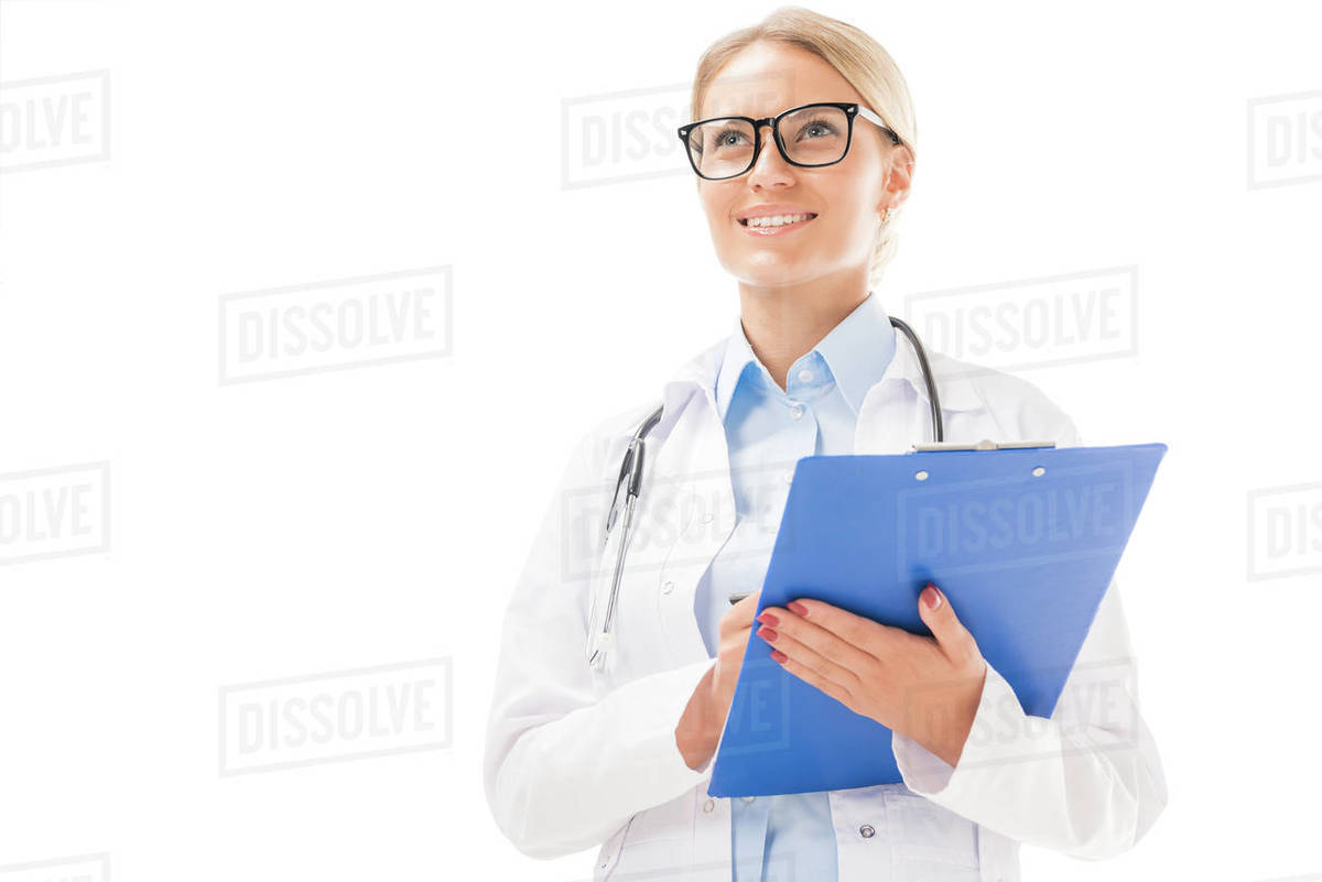 bottom view of confident young female doctor with clipboard looking ...