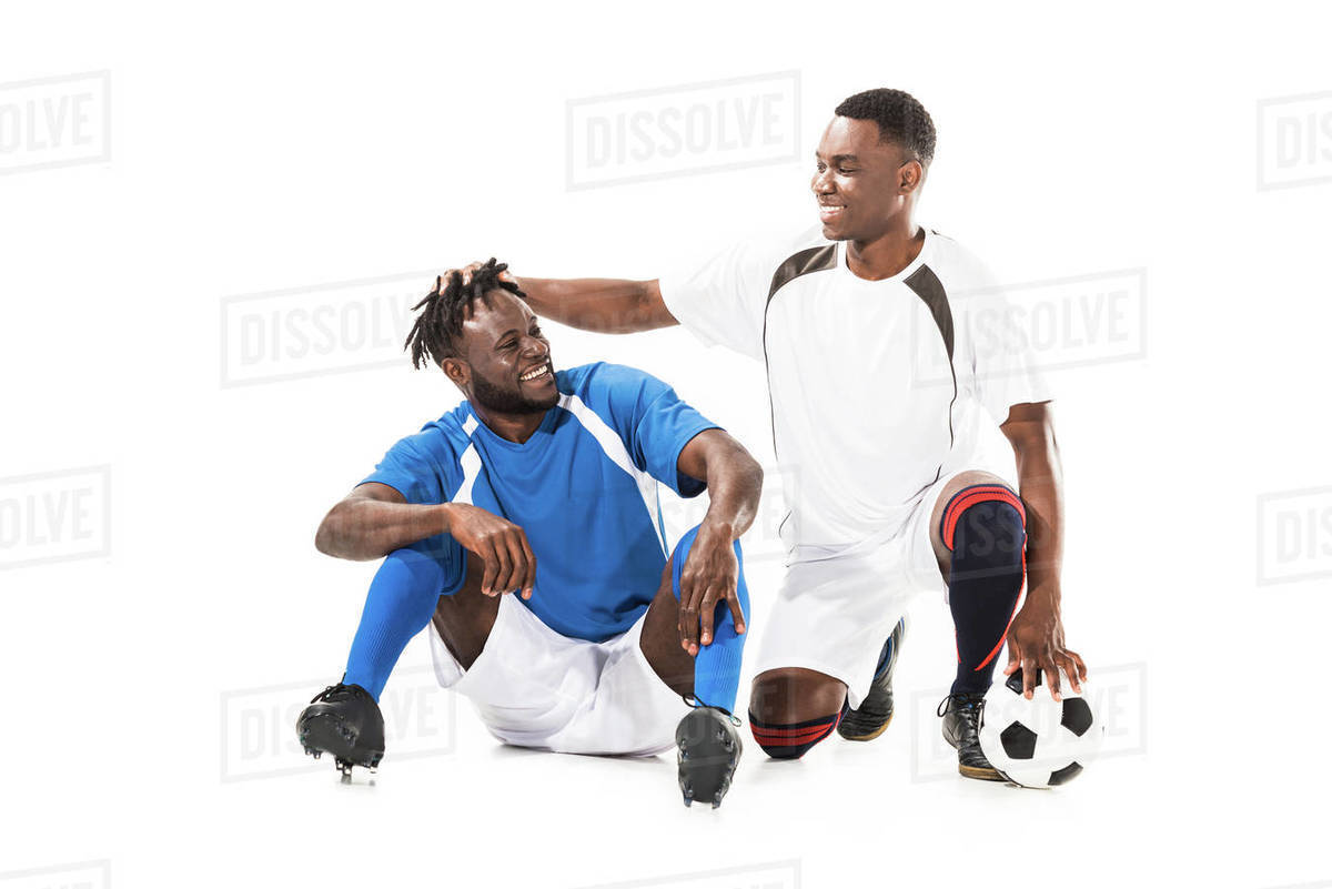 happy african american soccer players having fun isolated on white ...