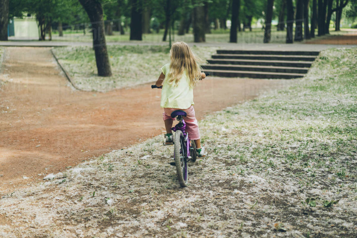Back view of kid riding bicycle in summer park - Royalty-free Stock ...