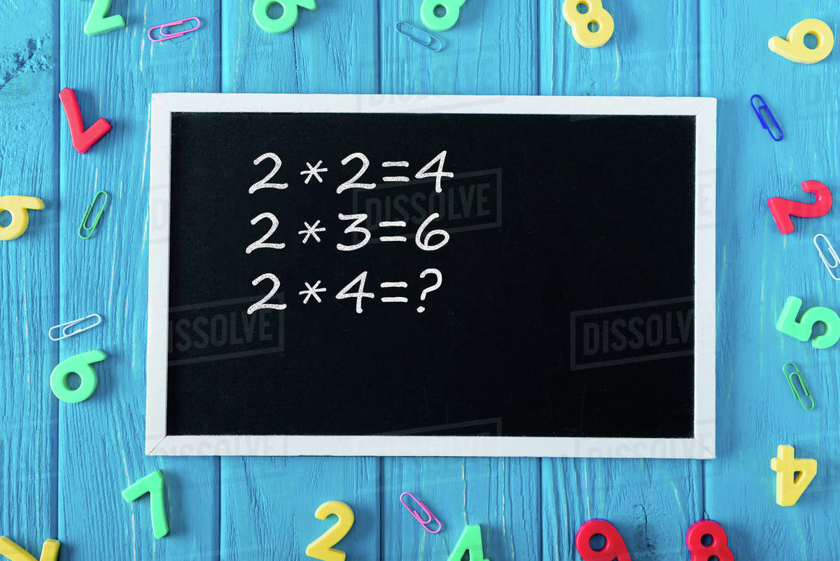 Top view of blackboard with multiplication table, colorful numbers and ...