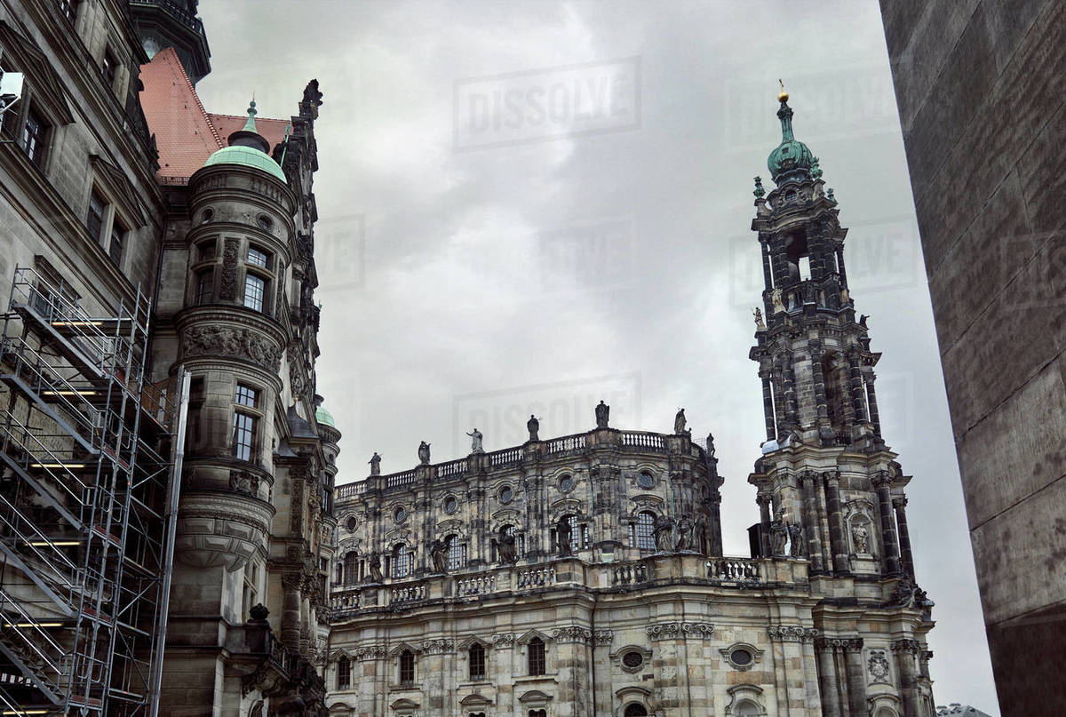 Beautiful old Cathedral of Holy Trinity with statues on roof in Dresden ...