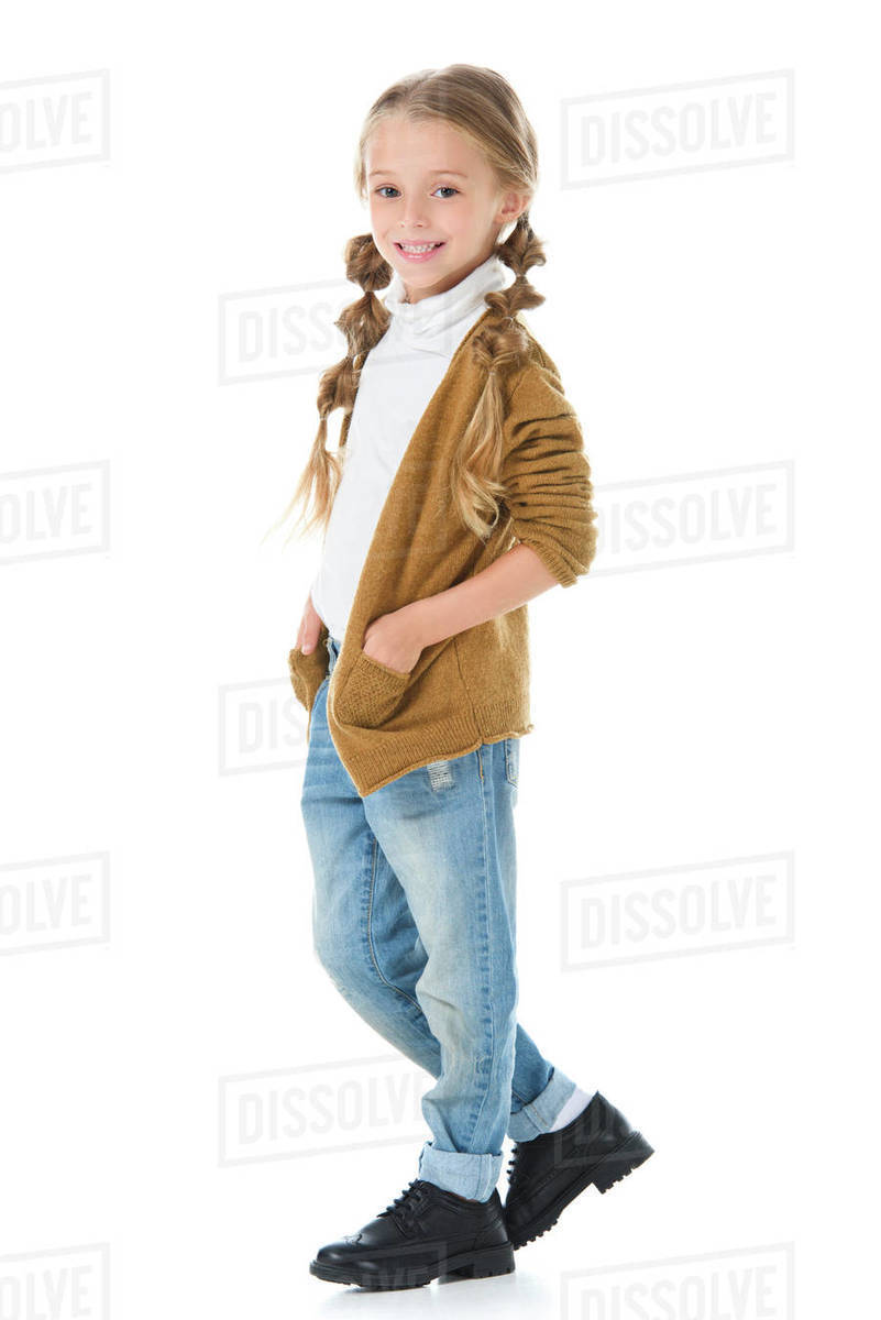 Adorable smiling kid posing in autumn outfit, isolated on white ...