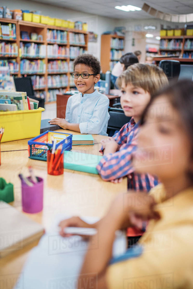 adorable little kids having lesson in library - Royalty-free Stock ...
