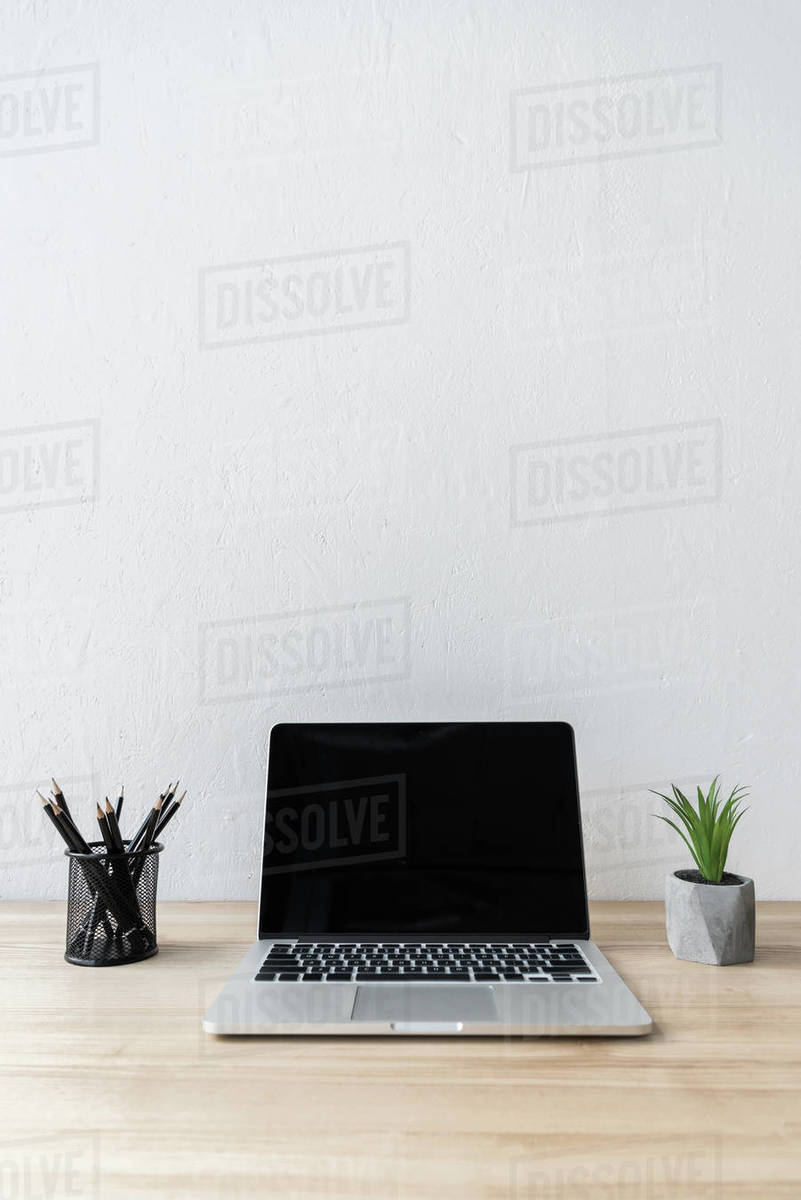 Workplace with laptop computer, pencils and flower pot in modern office ...