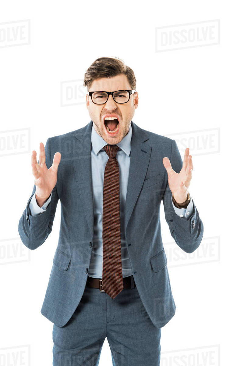 aggressive boss in glasses and suit screaming isolated on white ...