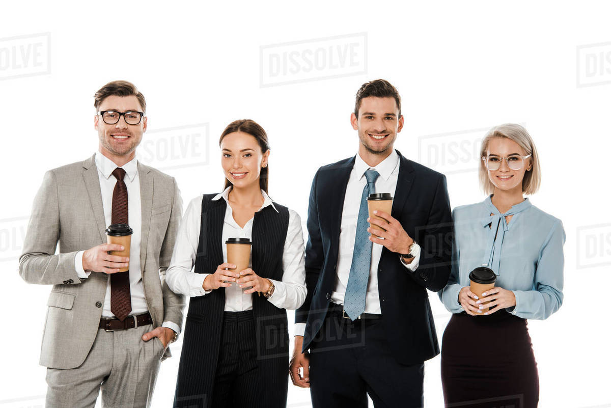 cheerful business team having coffee break together isolated on white ...
