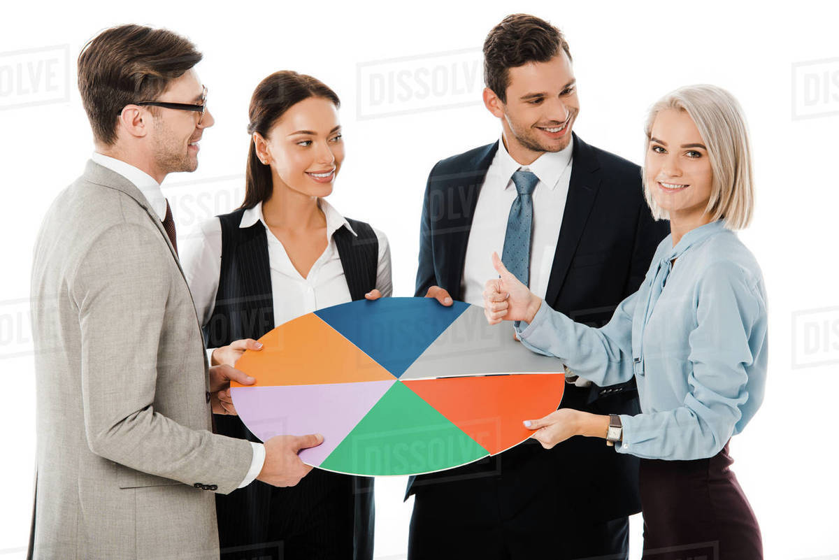 corporate managers holding colorful chart and showing thumb up isolated ...